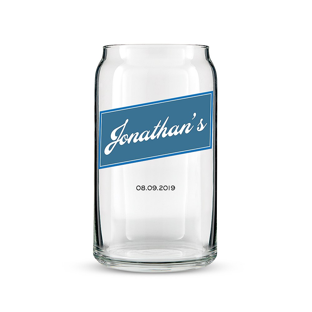 Personalized Can Shaped Drinking Glass – Vintage Cursive Print